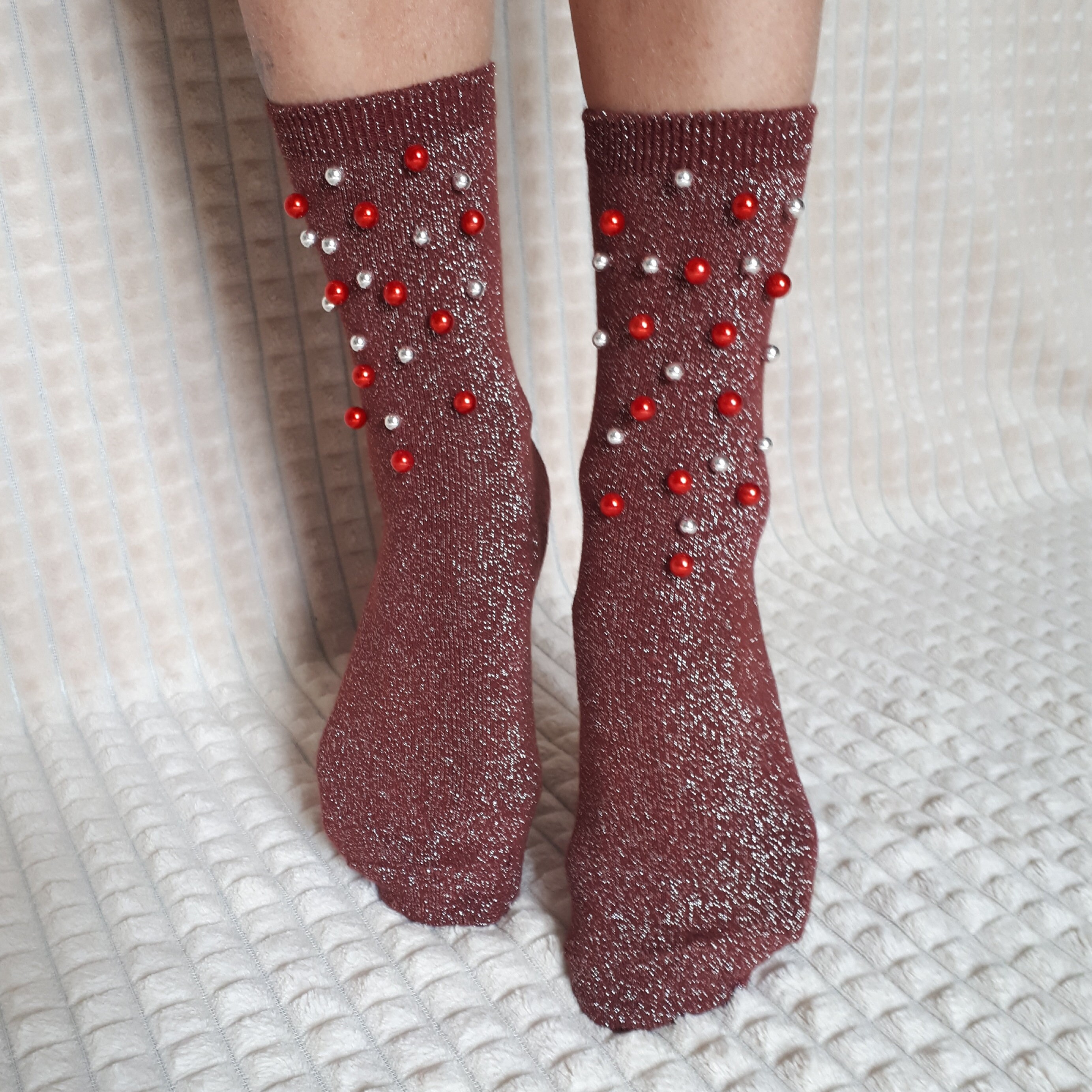 Designer embellished silver socks with pearl beads in a gift | Etsy