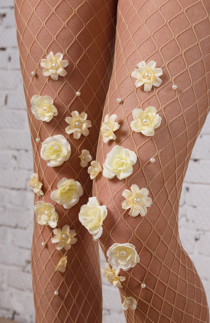 Ivory embellished wedding bridal fishnet tights Floral | Etsy