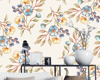 Removable Wallpaper Orange Fall Mythic Flowers Peel and - Etsy
