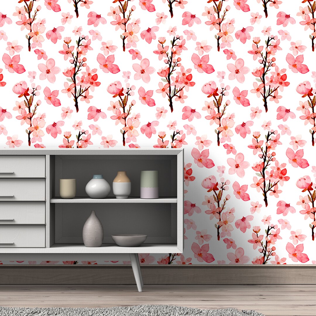 Removable Wallpaper - Pink Watercolor Cherry Blossoms - Peel and Stick ...