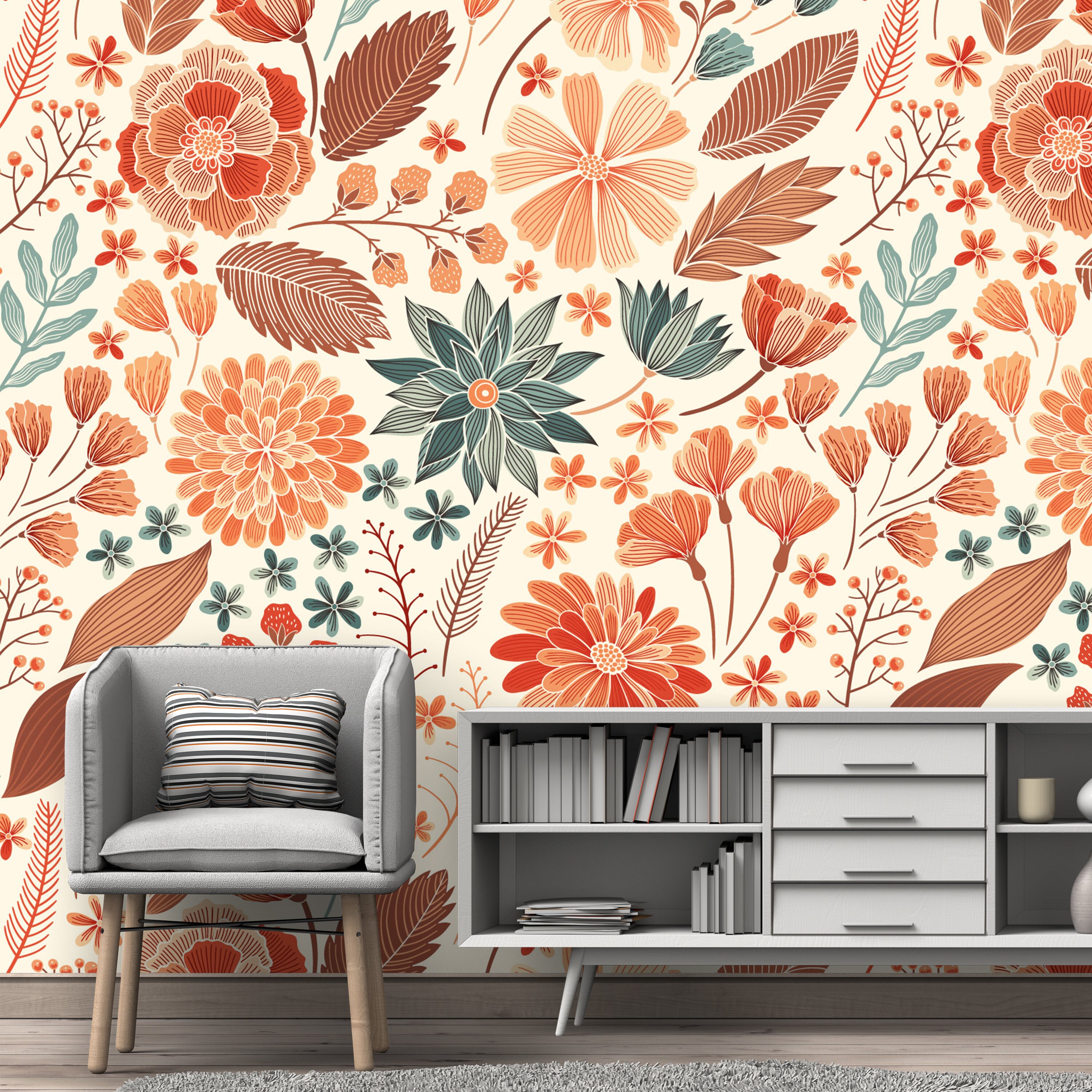 Removable Wallpaper Orange Fall Mythic Flowers Peel and - Etsy