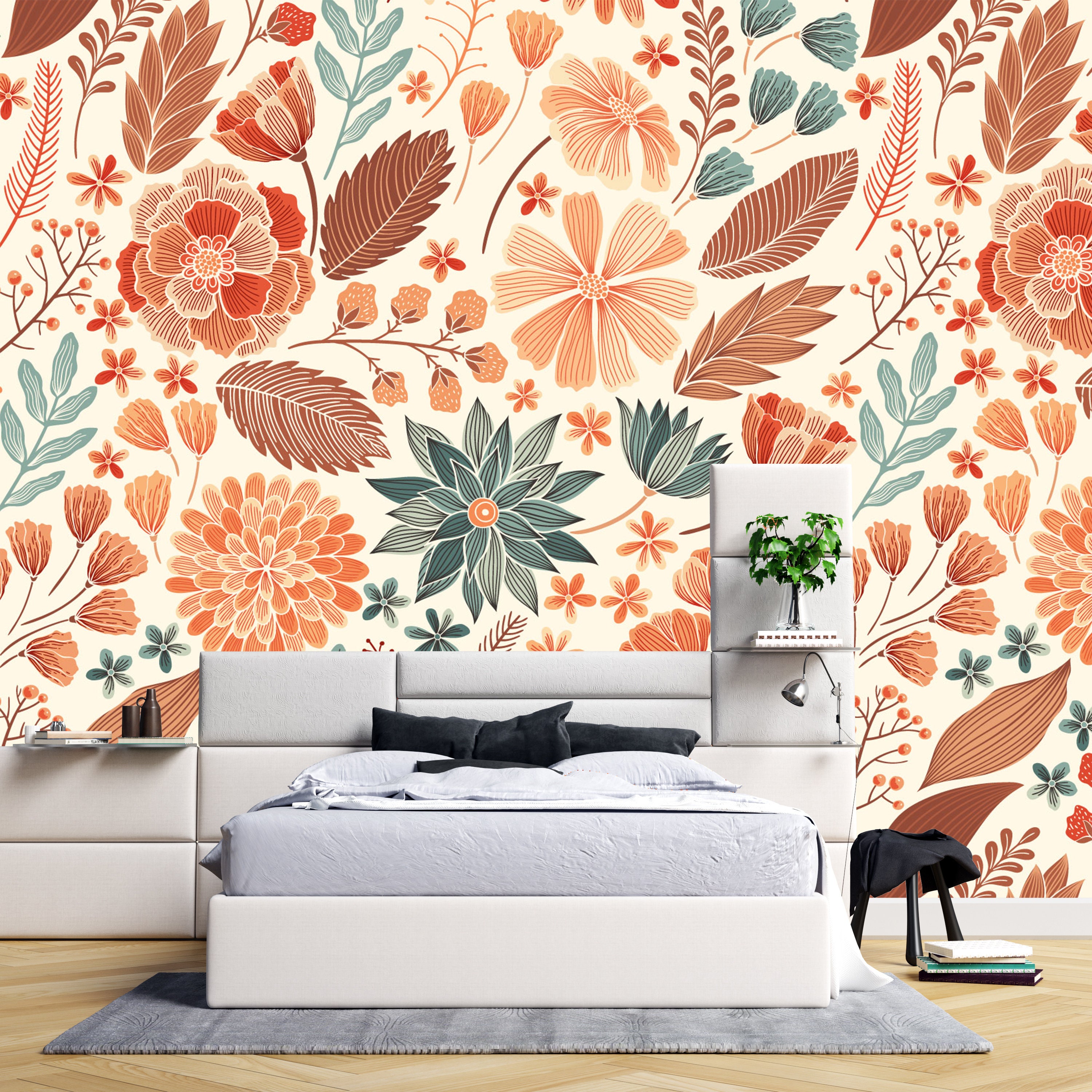 Removable Wallpaper Orange Fall Mythic Flowers Peel and - Etsy