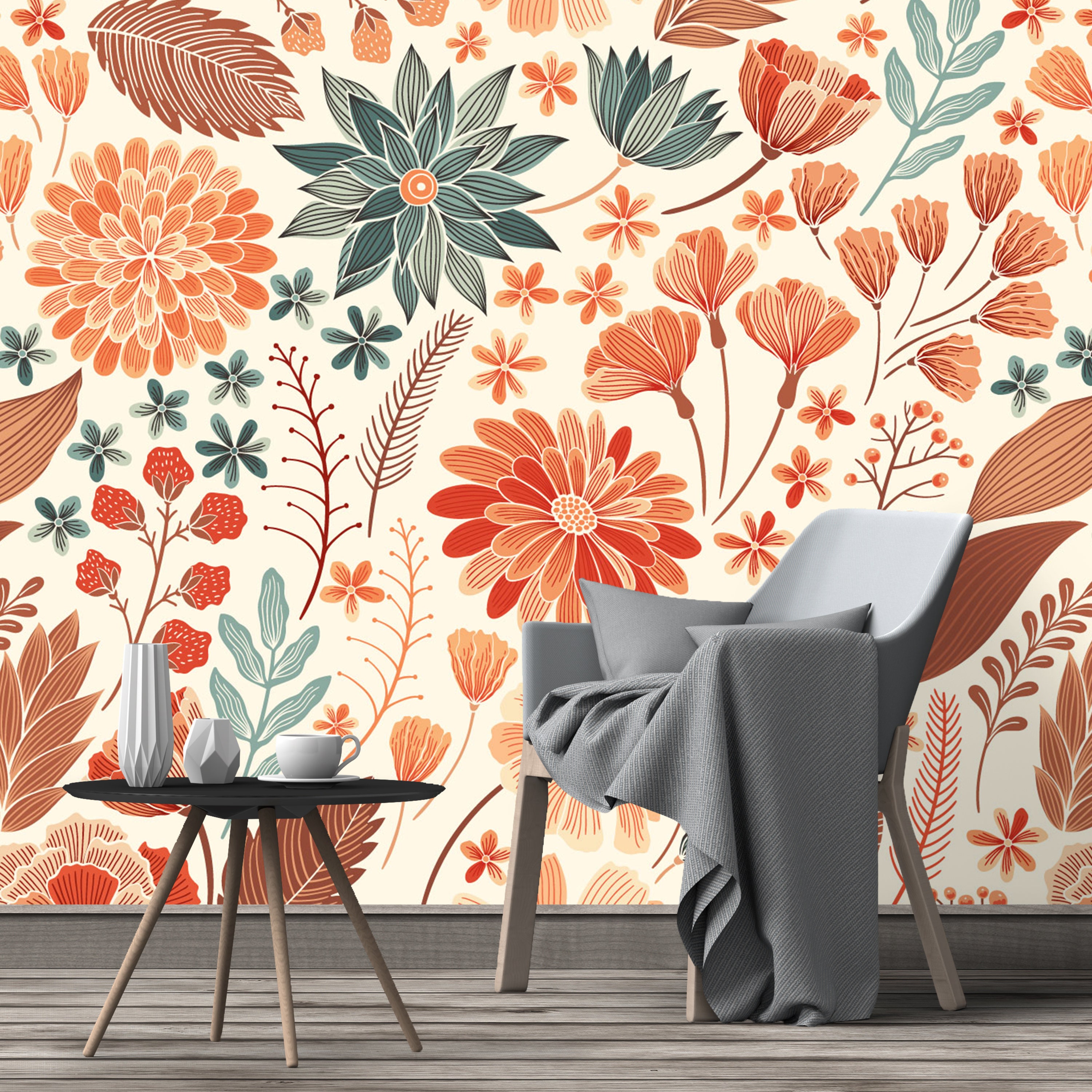 Removable Wallpaper Orange Fall Mythic Flowers Peel and - Etsy