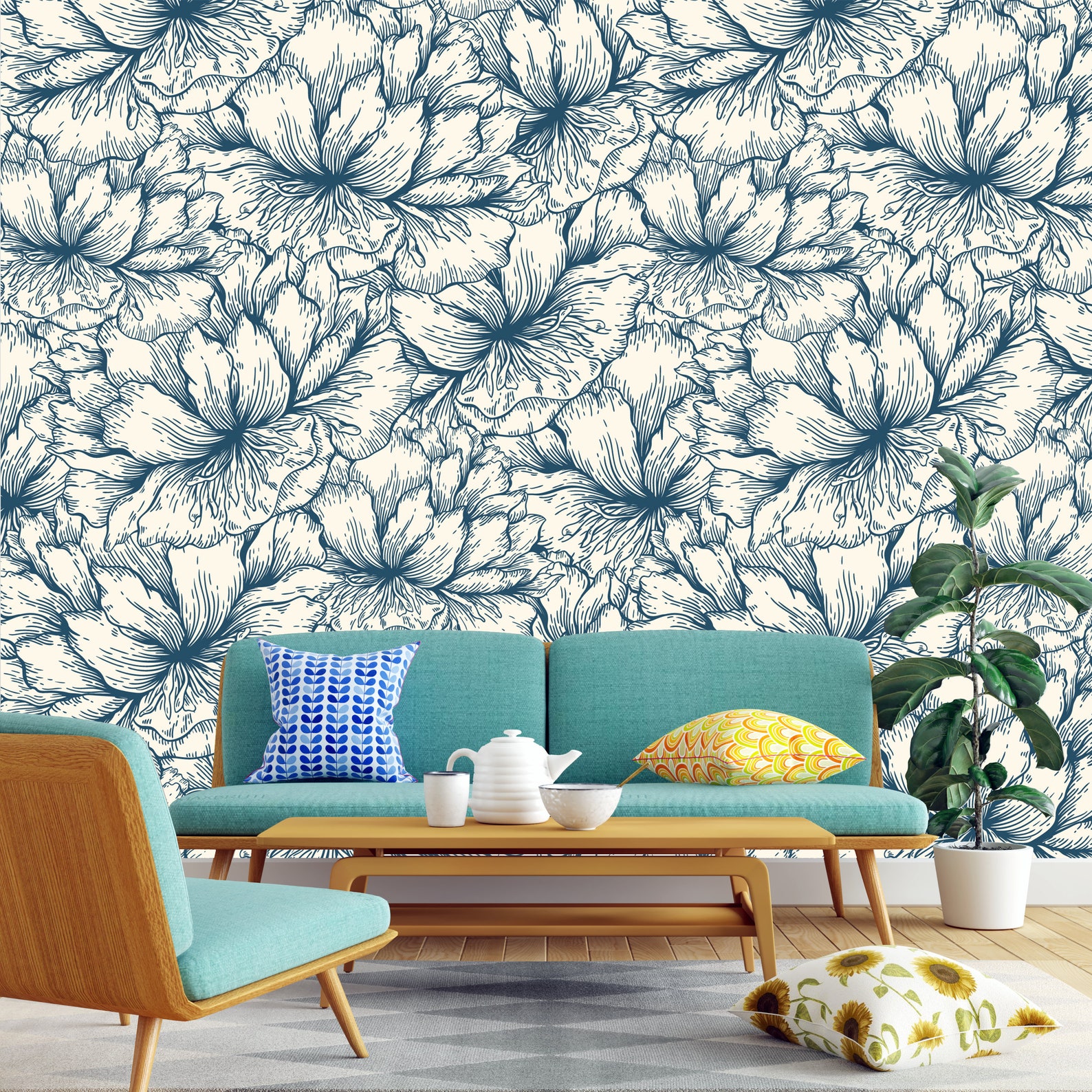 Removable Wallpaper Blue Tropical Flowers Toile Peel and - Etsy