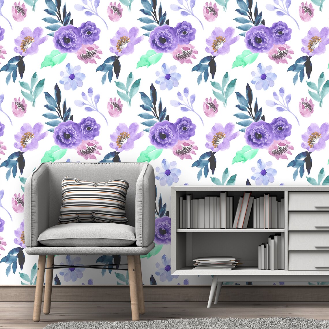 Removable Wallpaper Watercolor Purple Flowers Peel and - Etsy