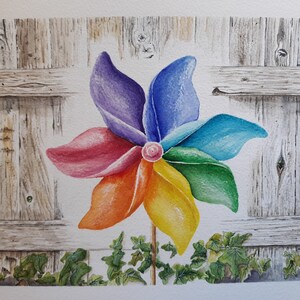 Rainbow Pinwheel With Fence & Ivy ORIGINAL Watercolor Art by Tracey ...
