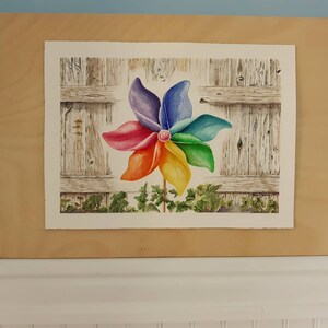 Rainbow Pinwheel With Fence & Ivy ORIGINAL Watercolor Art by Tracey ...