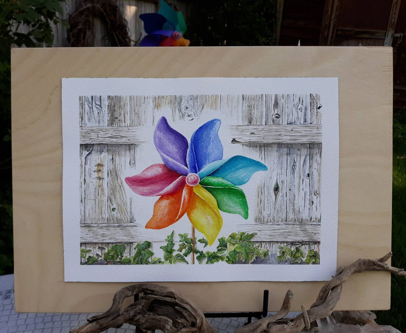 Rainbow Pinwheel With Fence & Ivy ORIGINAL Watercolor Art by - Etsy