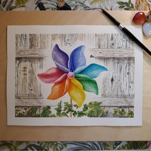 Rainbow Pinwheel With Fence & Ivy ORIGINAL Watercolor Art by Tracey ...