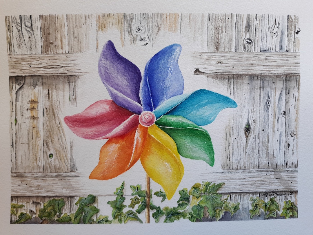 Rainbow Pinwheel With Fence & Ivy ORIGINAL Watercolor Art by Tracey ...