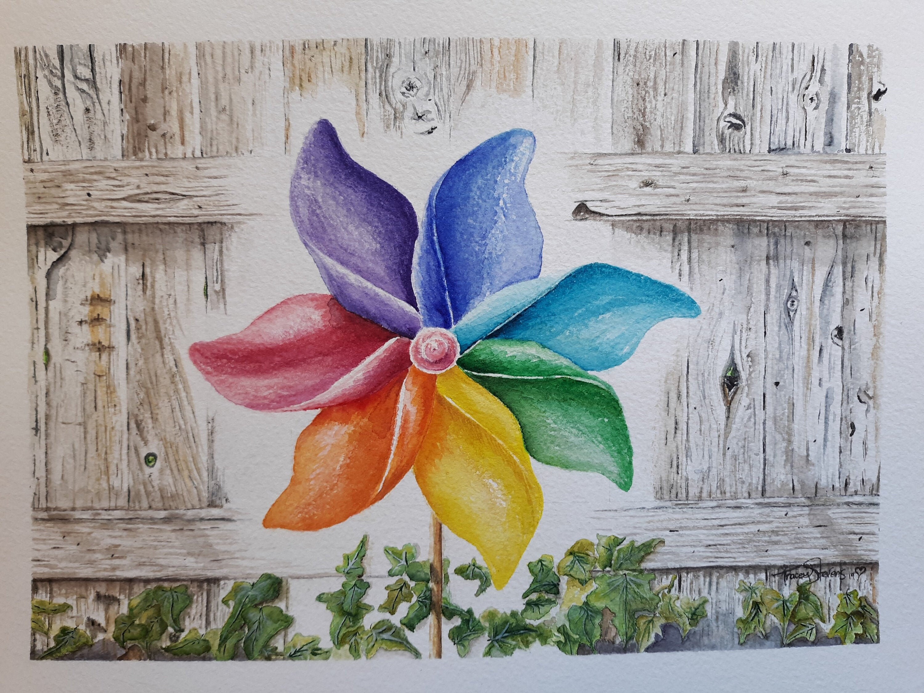 Rainbow Pinwheel With Fence & Ivy ORIGINAL Watercolor Art by - Etsy