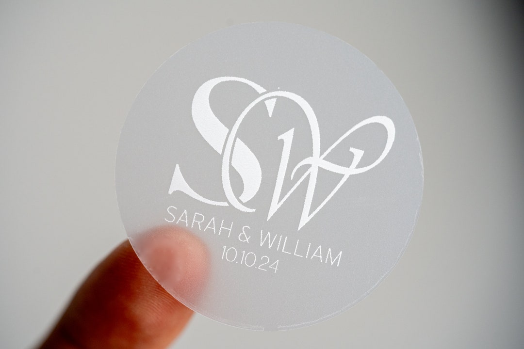 Personalised Monogram White Print Sticker | Clear Wedding Favour Labels ...