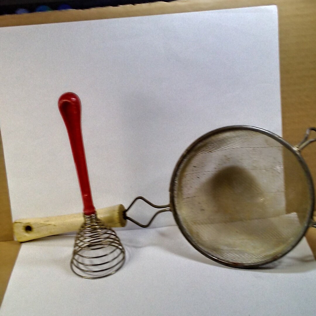 Vintage Wooden Handled Metal Sieve and Plastic Handled Spring Wisk, Egg ...