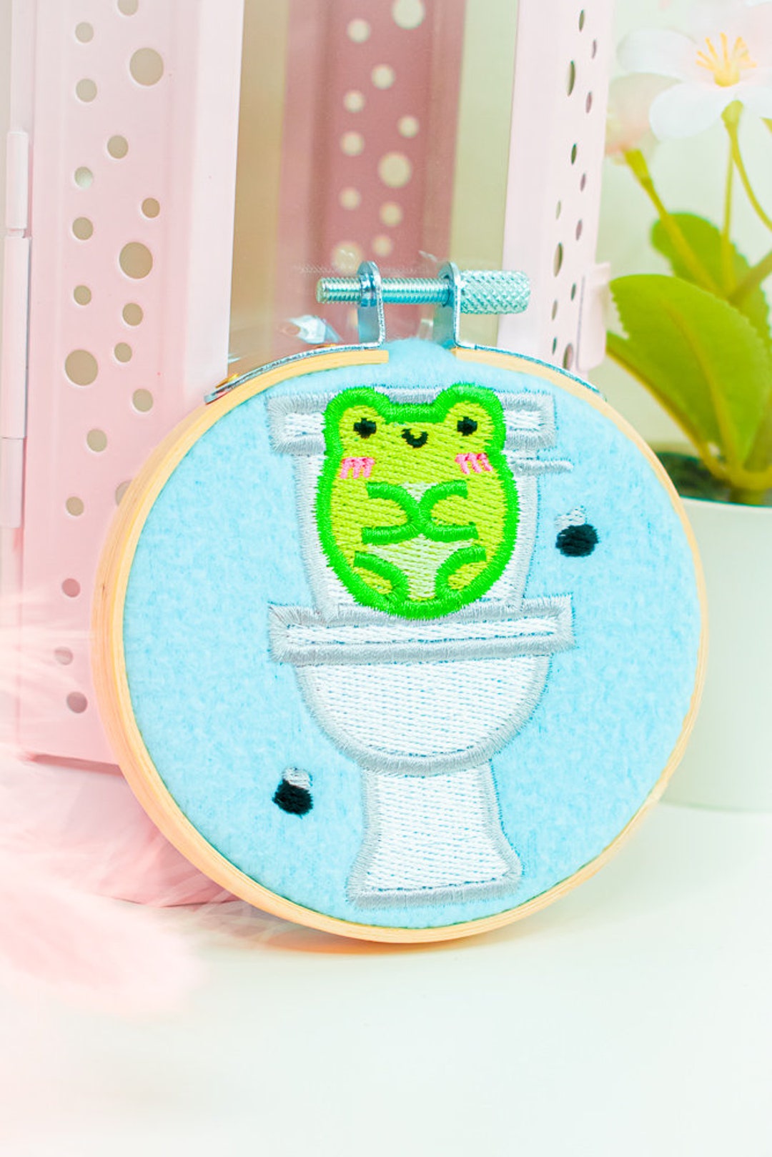 Albert the Frog Sitting on A Toilet Embroidered 3" Hoop Embroidery Art ...