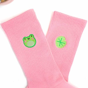 Happy Cute Froggy & Lily Pad Embroidered Odd Socks Pink and - Etsy