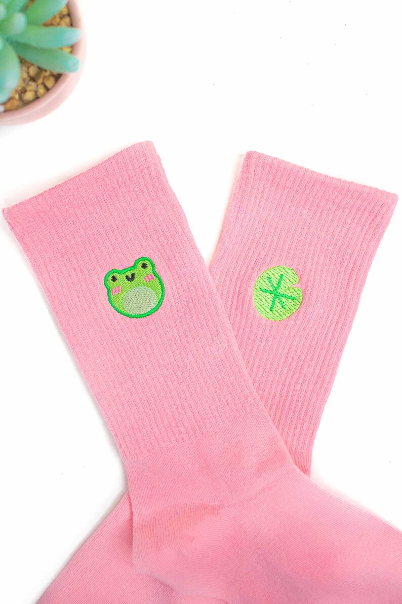 Happy Cute Froggy & Lily Pad Embroidered Odd Socks Pink and | Etsy