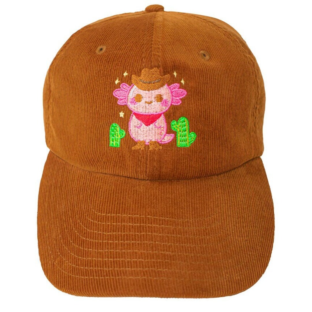 Xoxi the Axolotl Cowboy Embroidered Corduroy Cap Wild West Adorable Kawaii Cottagecore Sun ...