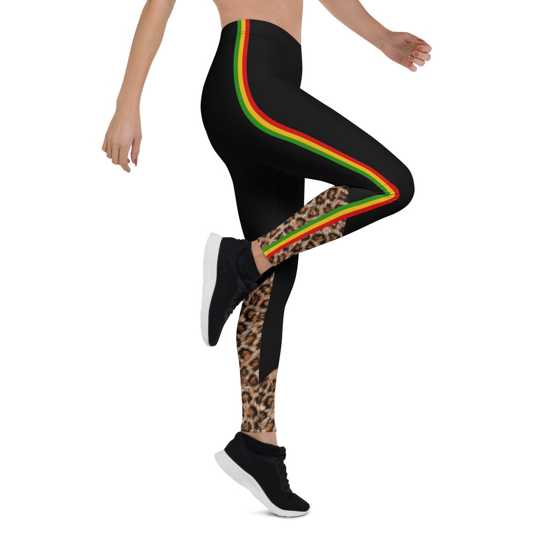 Women's Rasta Colors Striped Black Leggings - Leopard Print Rastafari ...