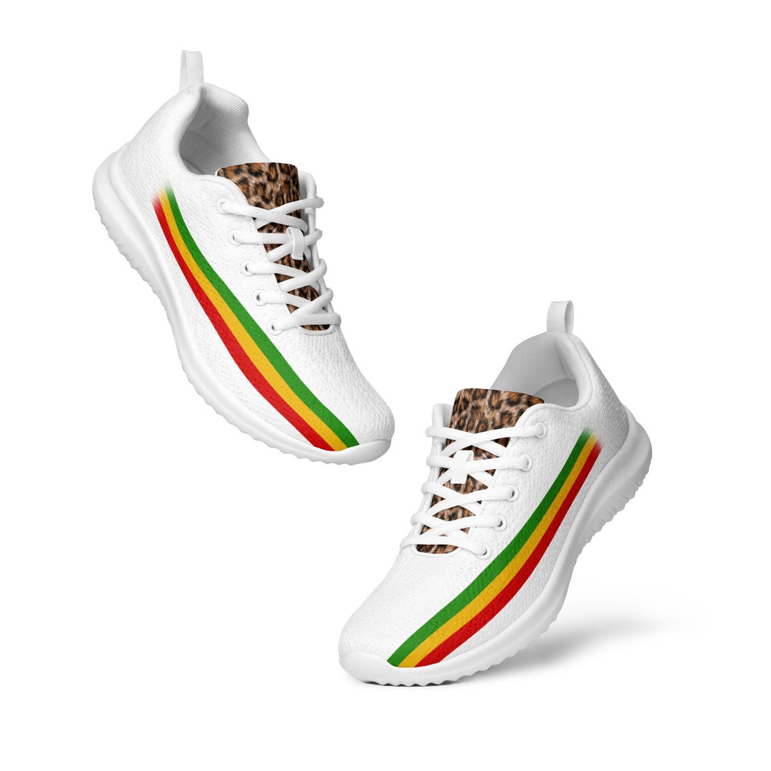 White Rasta Colors Men’s Sneakers - Leopard Print Reggae Athletic Shoes ...