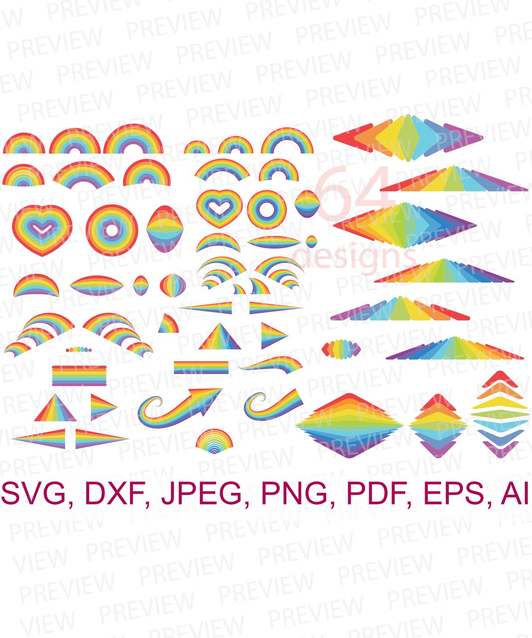 64 Rainbow SVG Set Rainbows for Kids Bundle Rainbow Clipart Svg Vector ...