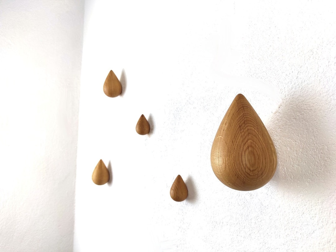 Wooden Drops Set of 5, Water Drop Hooks, Oak Wood Hangers, Modern Coat ...