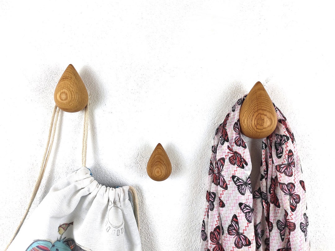 Wooden Drops Set of 3, Water Drop Hooks, Oak Wood Hangers, Modern Coat ...