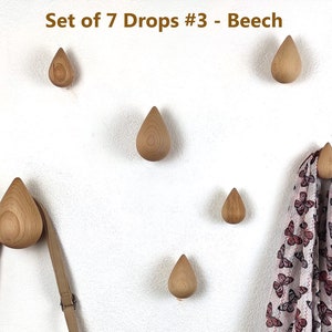 Wooden Drops Set of 7, Water Drop Hooks, Oak Wood Hangers,tear Drops ...
