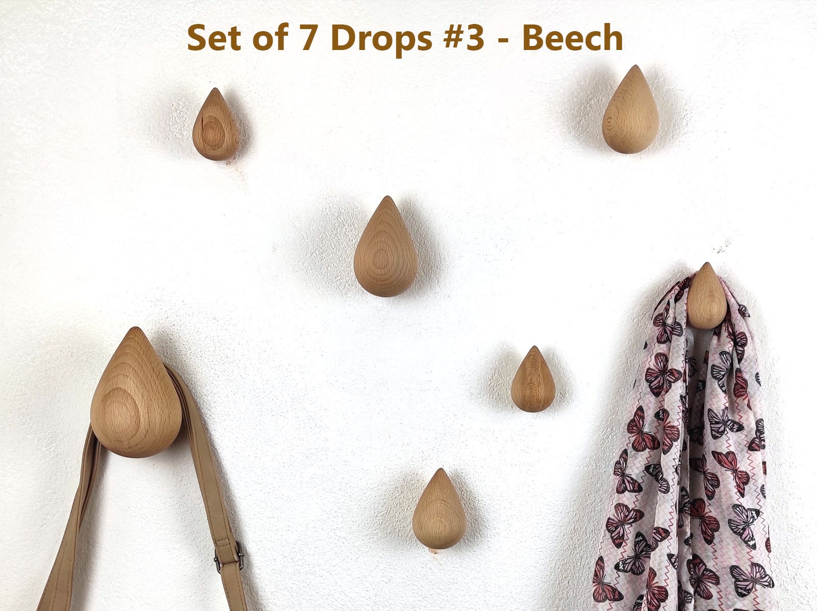 Wooden Drops Set of 7, Water Drop Hooks, Oak Wood Hangers,tear Drops ...