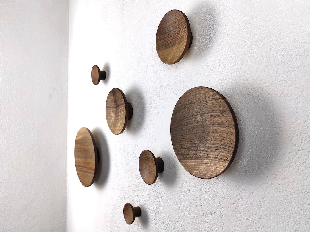 Wooden Hooks Set of 7, Concave Shape, Walnut Wall Hook, Towel Dots ...