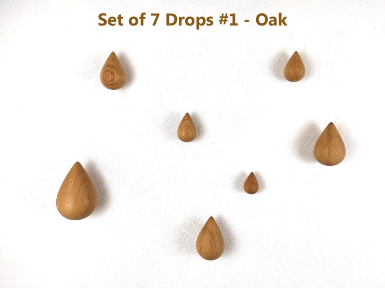 Wooden Drops Set of 7, Water Drop Hooks, Oak Wood Hangers,tear Drops ...