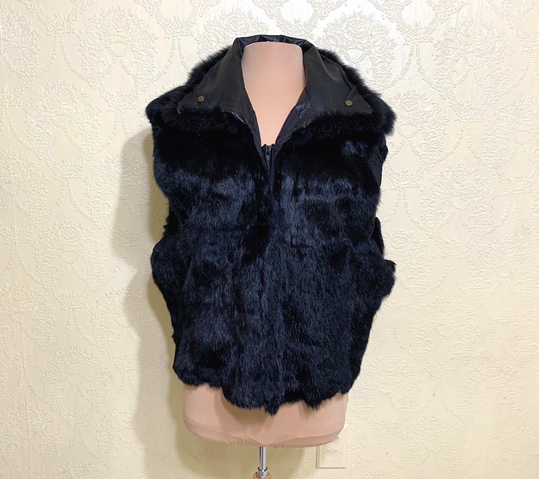 50 Inch Chest Like New Fluffy GENUINE FUR Vest Mens Size L Black Fur ...