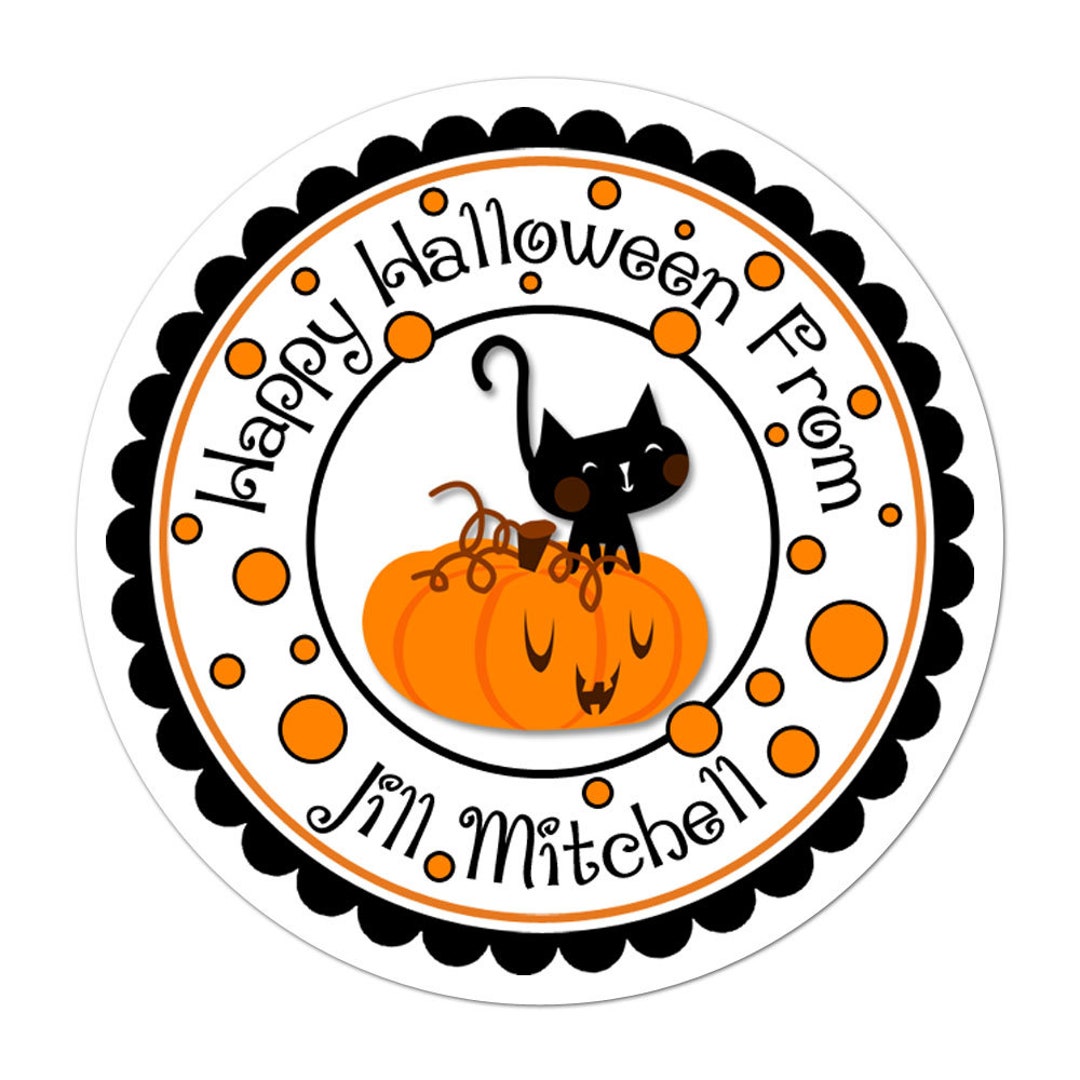 Personalized Halloween Stickers, Cat on Pumpkin Stickers, Halloween ...