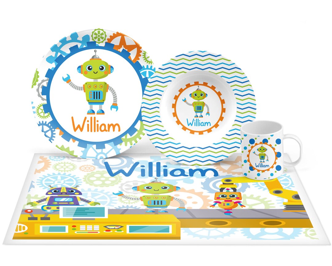 Personalized Robot Plate Set, Robot Plate Set, Mealtime Set, Kids ...