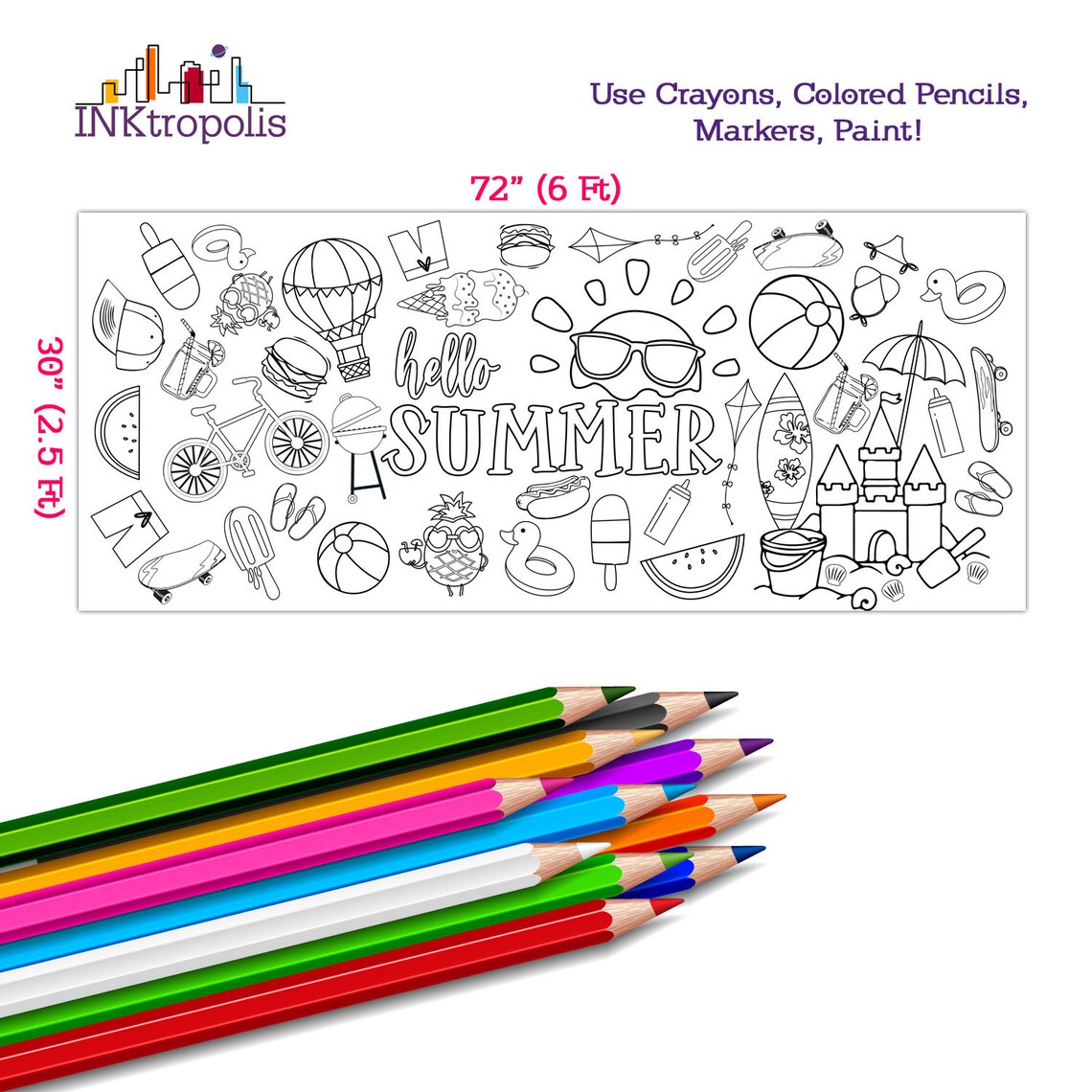 Summer Coloring Page, Summer Poster, Summer Coloring Table Runner ...