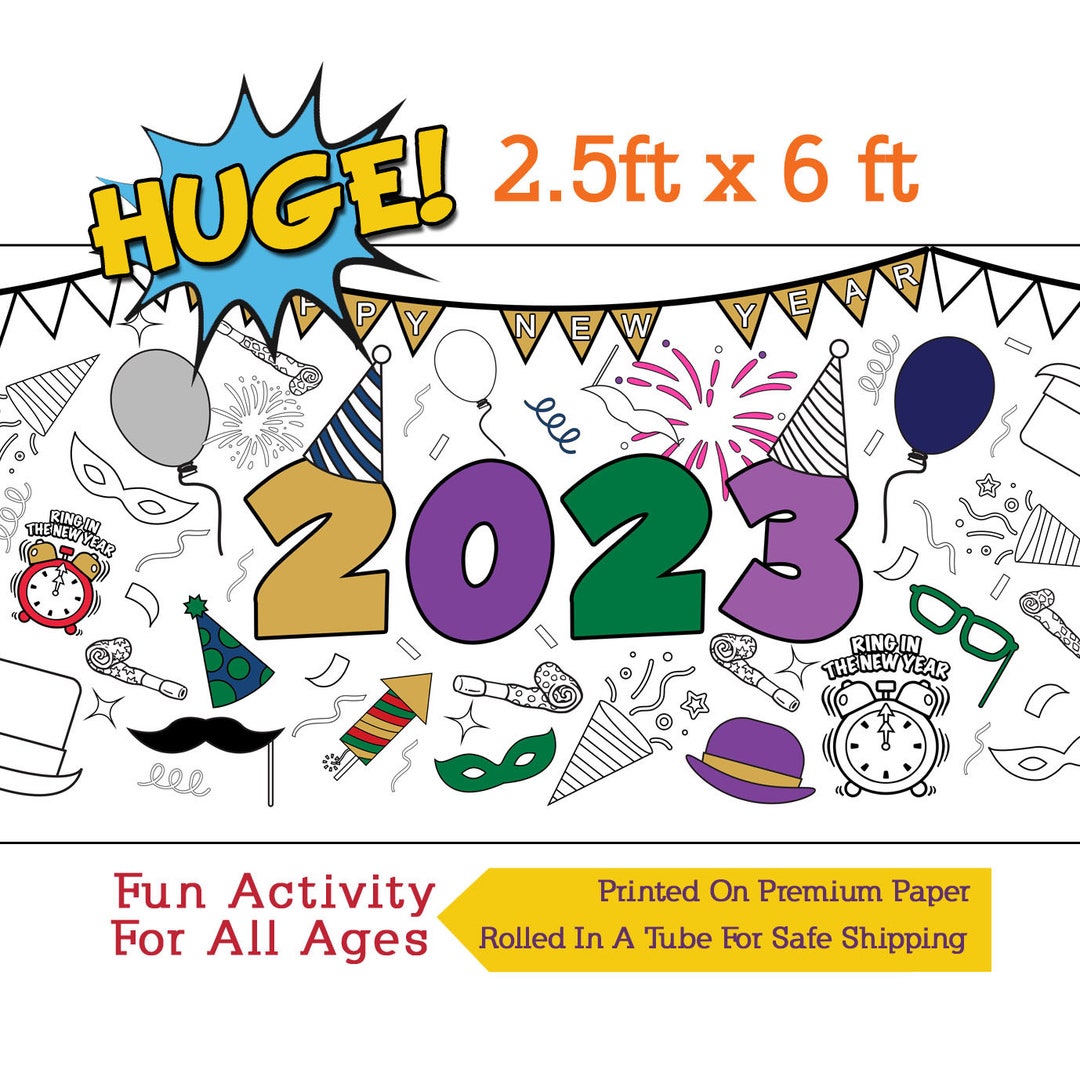 Happy New Year Coloring Banner, Happy New Year Poster, New Year ...