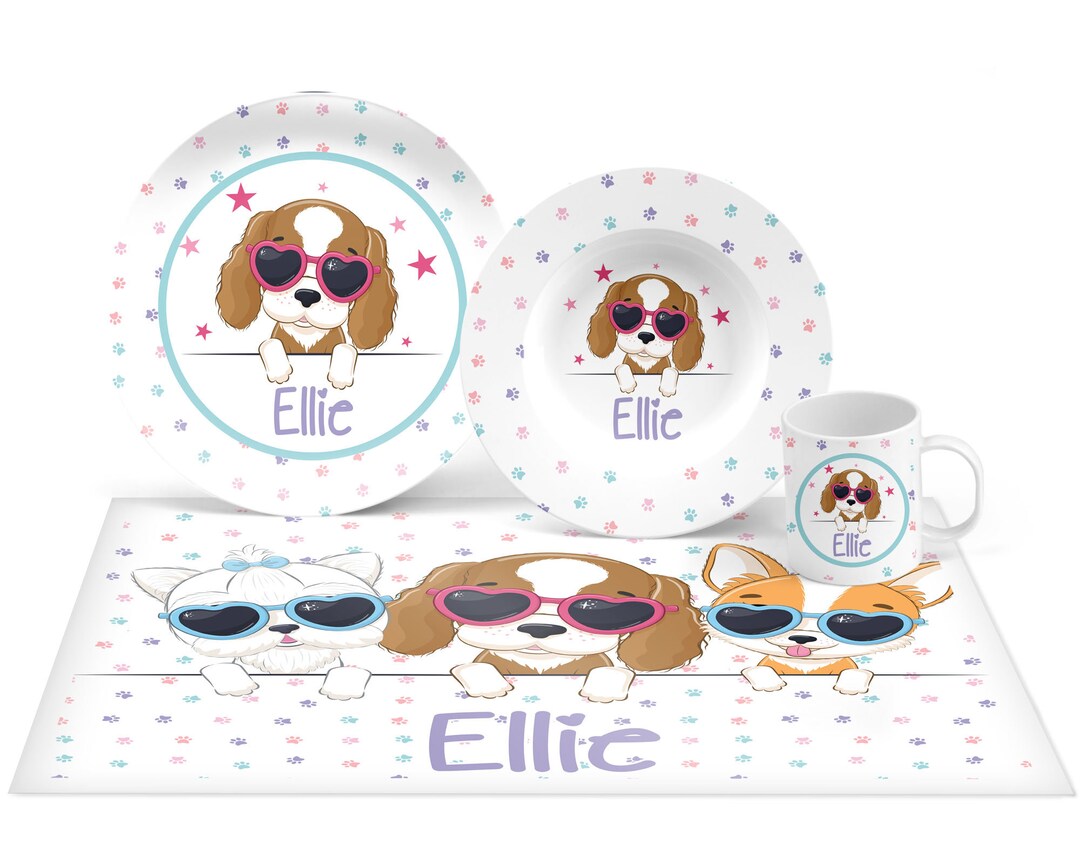 Personalized Girl Dog Plate Set, Puppy Dog Plate Set, Mealtime Set ...