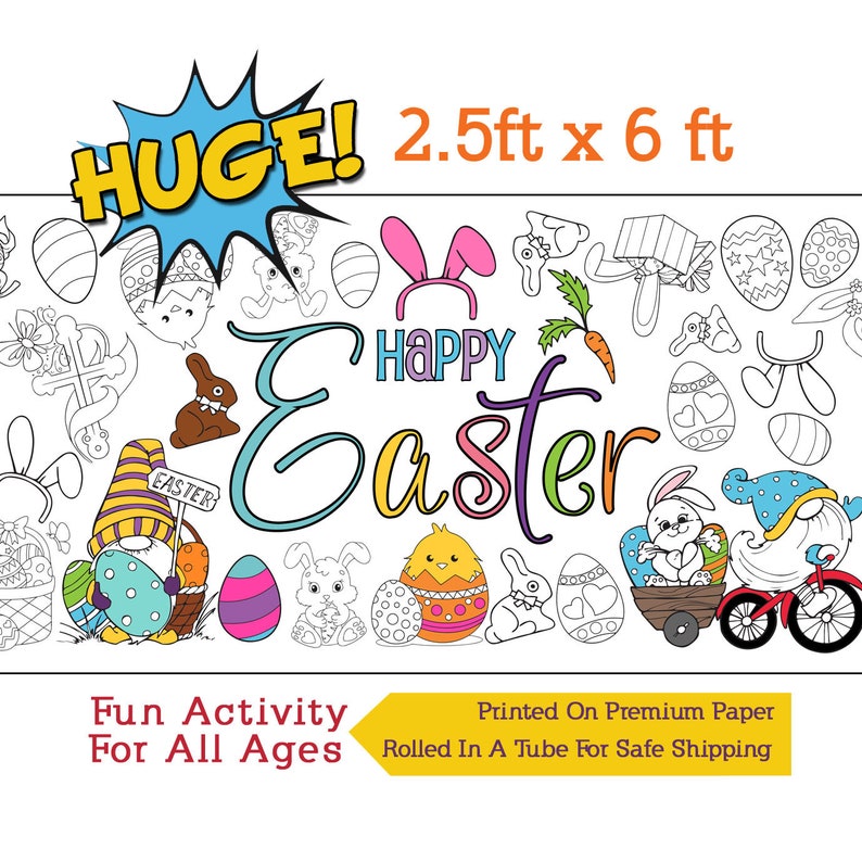 Easter Coloring Page, Happy Easter Coloring Table Runner, Table Cover ...