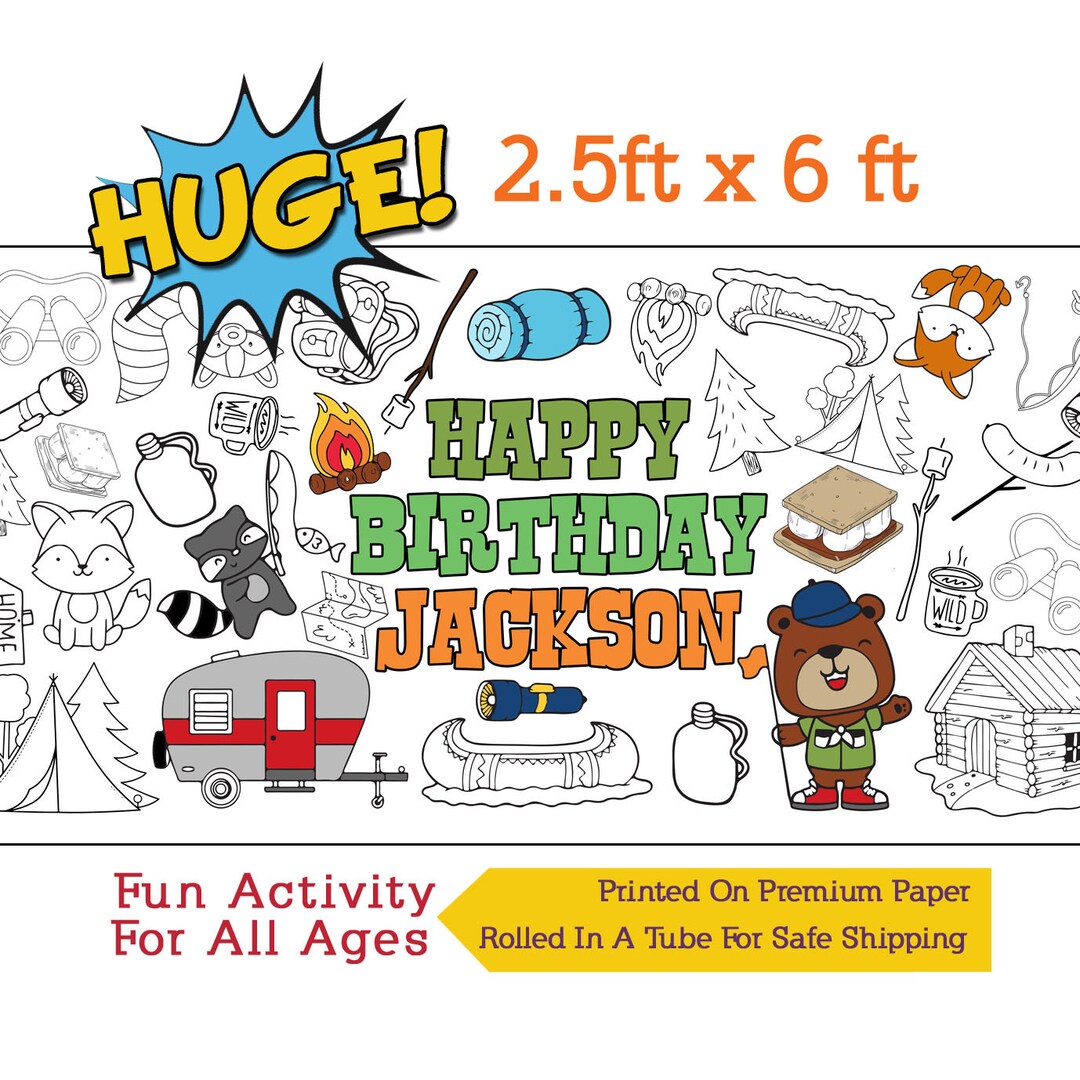 Personalized Camping Coloring Page, Camping Birthday Banner, Coloring ...