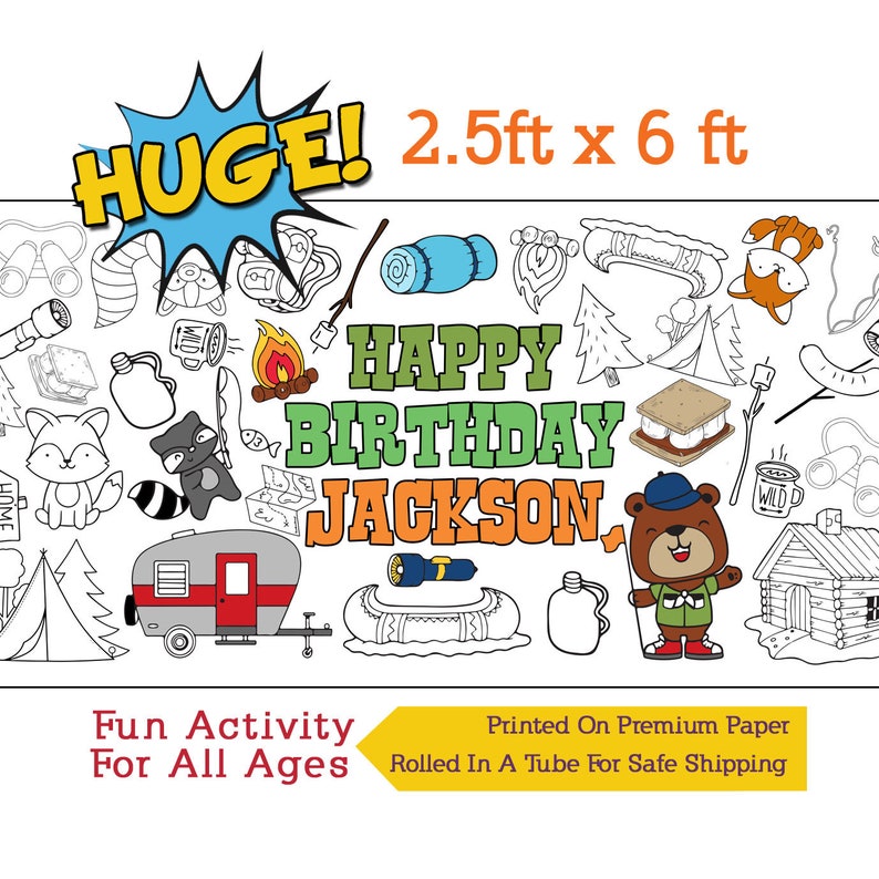 Personalized Camping Coloring Page, Camping Birthday Banner, Coloring ...