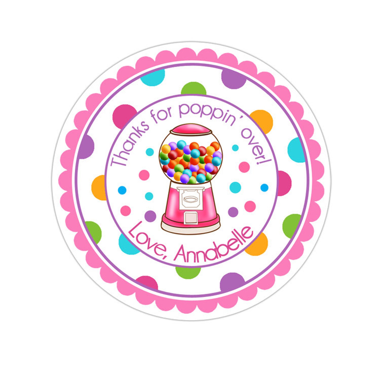 Personalized Pink Gumball Machine Polka Dot Stickers, Gumball Birthday ...
