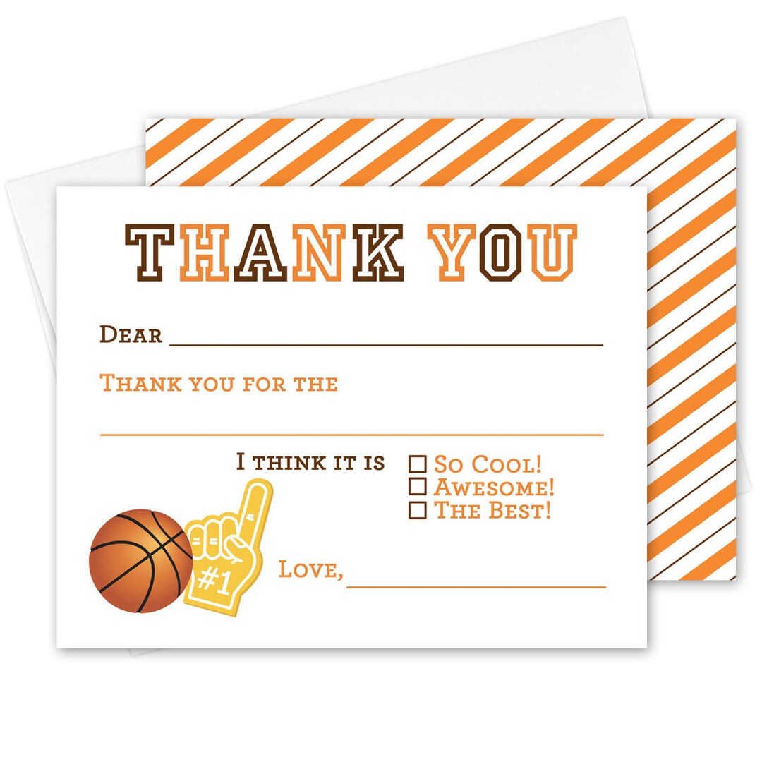 Basketball Fill in the Blank Thank You Notes, Kids Birthday Stationary ...