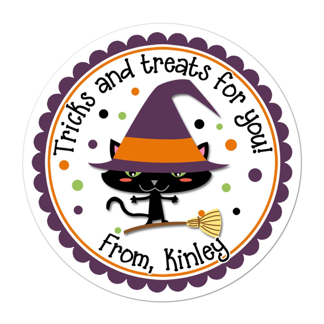 Personalized Halloween Stickers, Halloween Cat Witch on a Broom ...