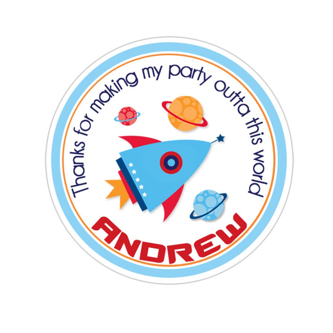 Round Solid Border Rocket Stickers, Space Birthday Party, Rocket Party ...