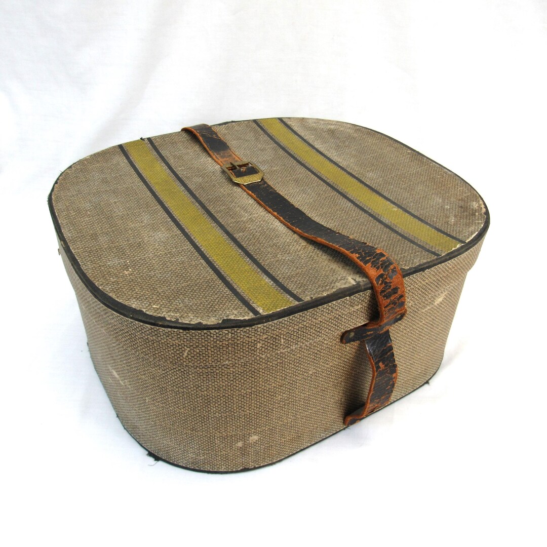 Vintage Stripe Hat Box With Leather Strap Printed Cardboard - Etsy