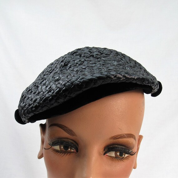 Vintage ladies raffia Beret driving Hat with black ve… - Gem