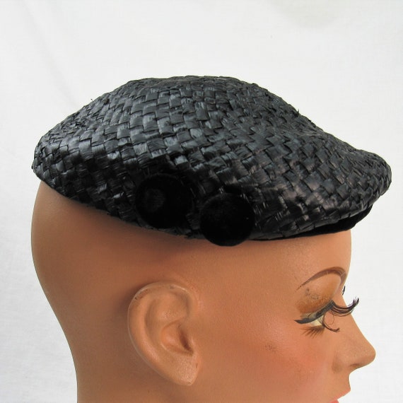 Vintage ladies raffia Beret driving Hat with black ve… - Gem