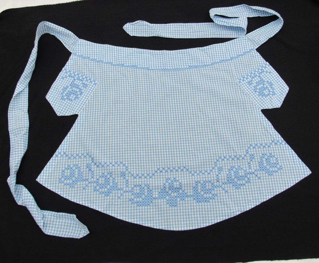 Hand Embroidered Blue Gingham Apron Vintage Check Cotton Unusual Half ...