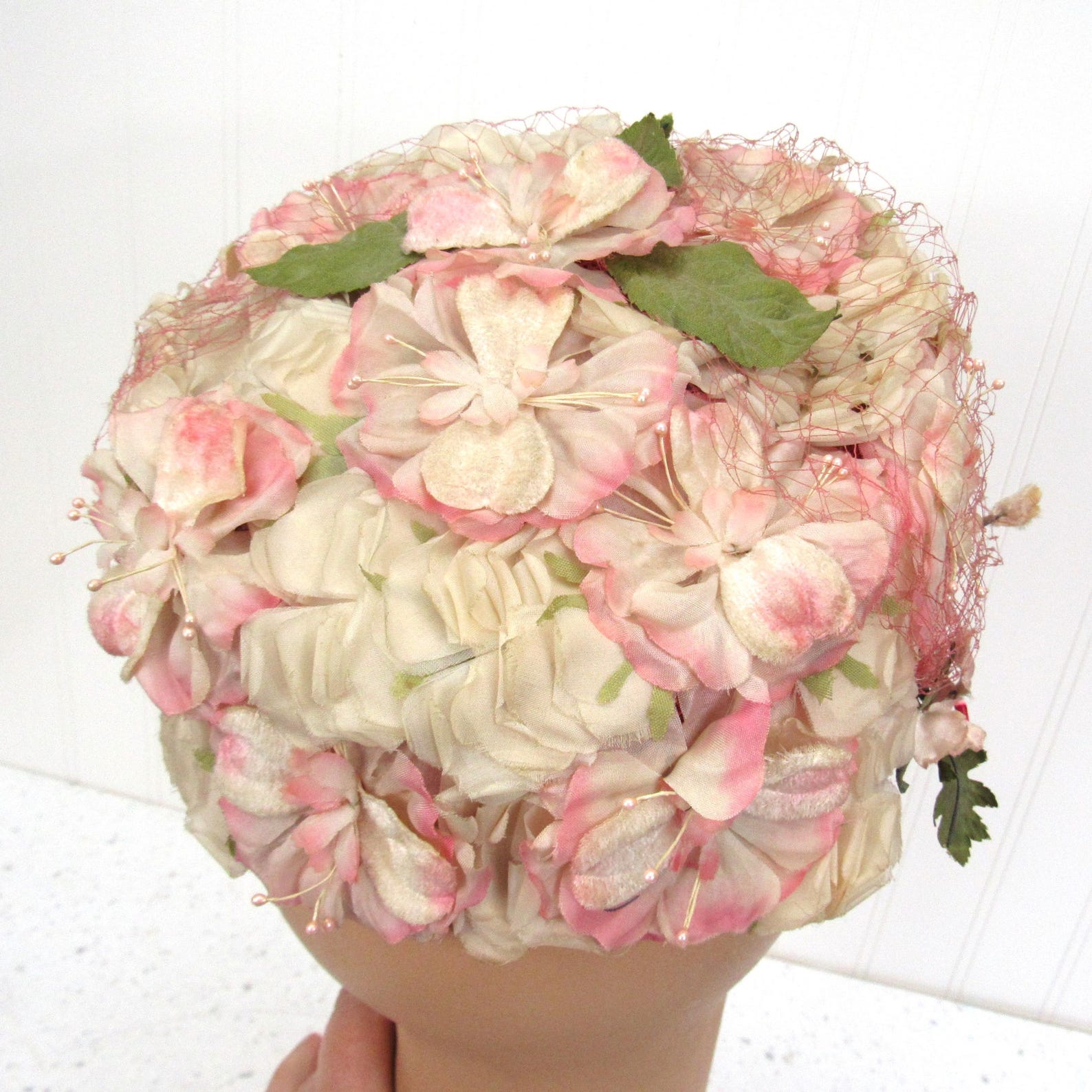 Vintage 1960s Floral Hat Pink Flower Pillbox Wedding Church High Crown ...