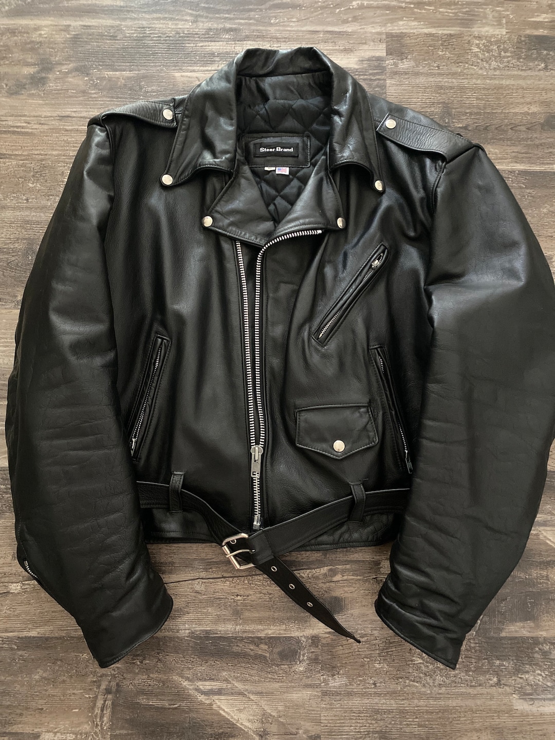 Vtg Steer Brand Leather Biker Motorcycle Jacket Full Liner Mens Sz 52 ...