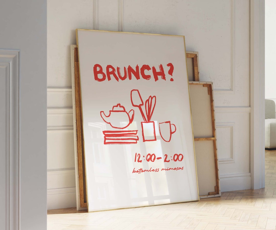 Brunch Poster Bottomless Mimosa Arthand Drawn Red Print breakfast Print ...